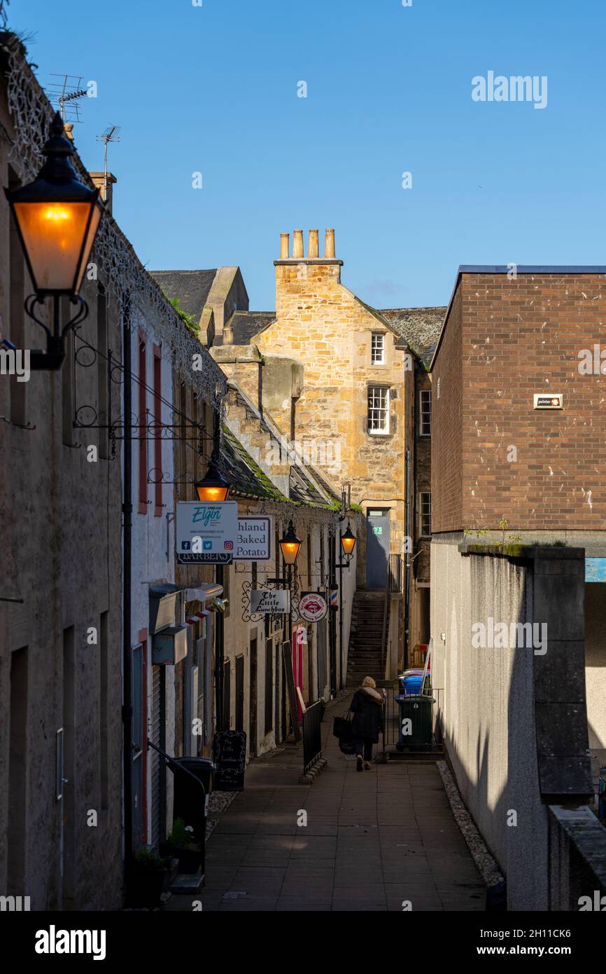 15 October 2021. Elgin, Moray, Scotland, UK. This is a street scene ...
