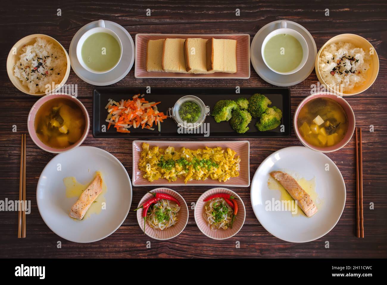 Flat lay view of a Japanese style food table Stock Photo - Alamy