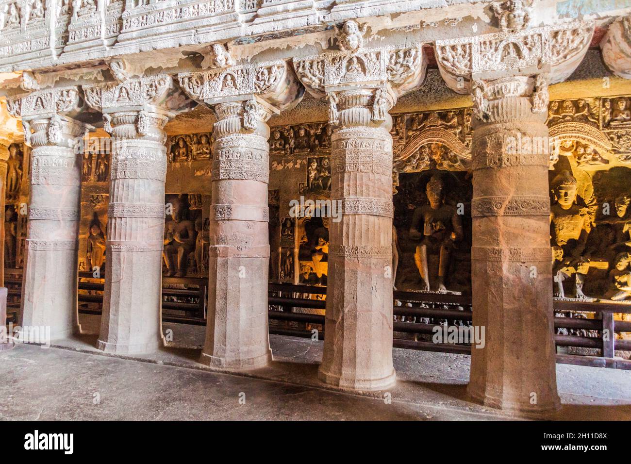 AJANTA, INDIA - FEBRUARY 6, 2017: Columns in the chaitya prayer hall ...