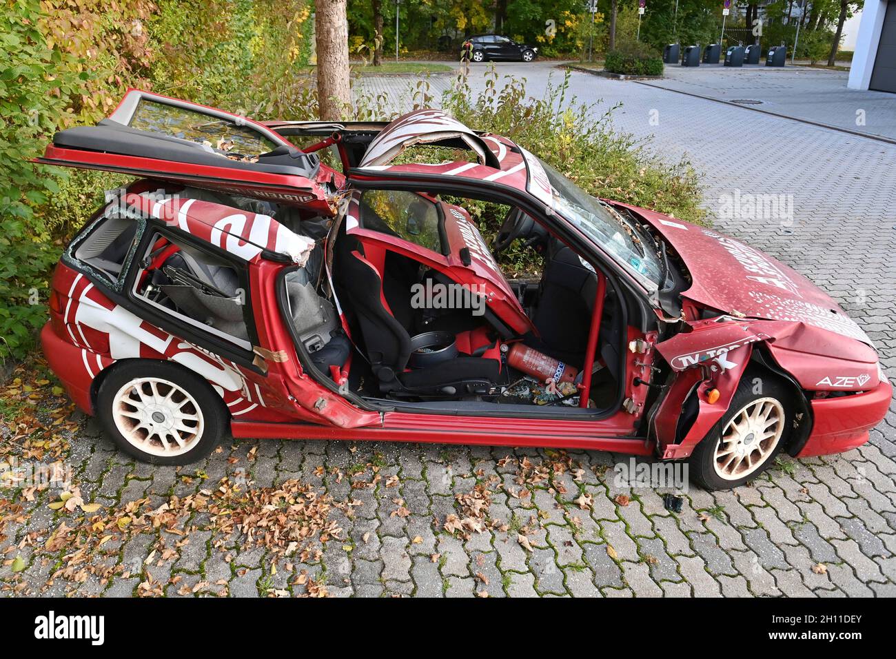 Munich, Germany. 15th Oct, 2021. Car accident, a battered car with ...