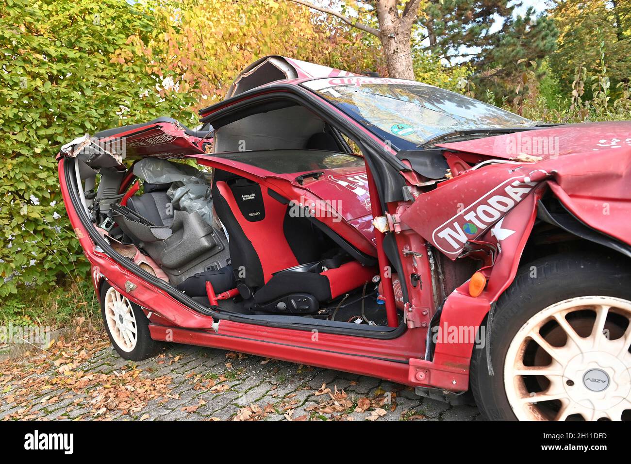 Munich, Germany. 15th Oct, 2021. Car accident, a battered car with ...