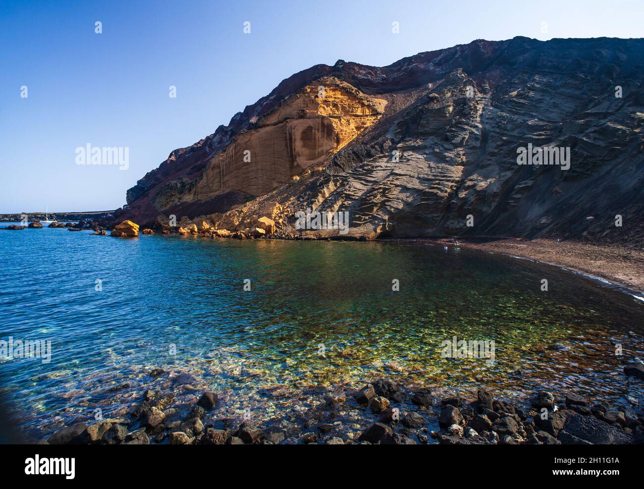 View of the Linosa volcano called Monte Nero in the beach of Cala ...