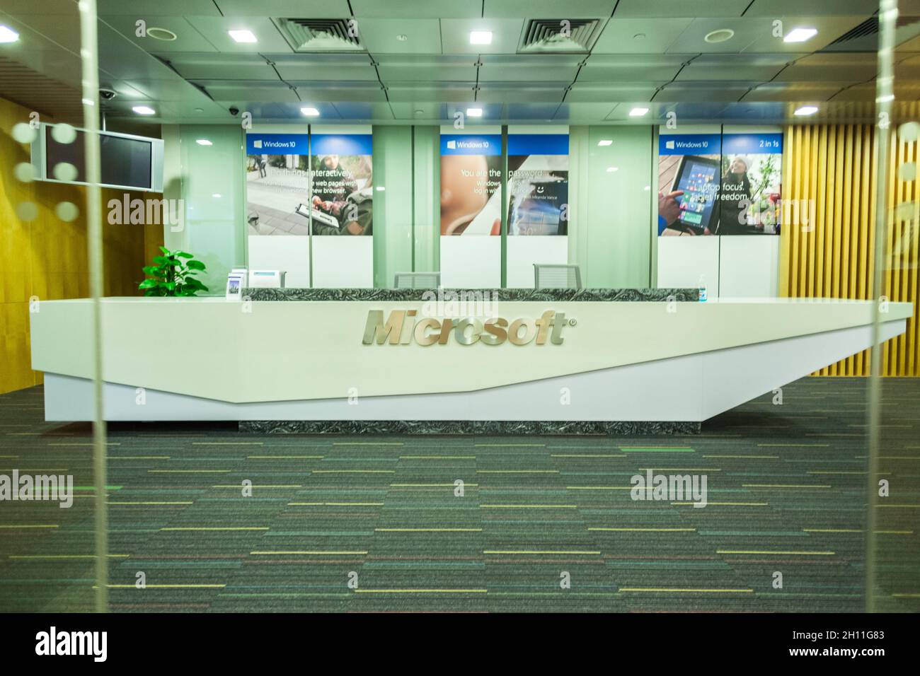 SINGAPORE - NOVEMBER 15, 2015: Reception desk at Microsoft Technology ...