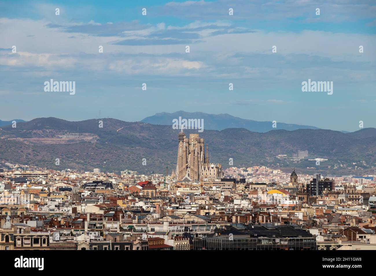 Panoramic view of the city of Barcelona with the unfinished sacred ...
