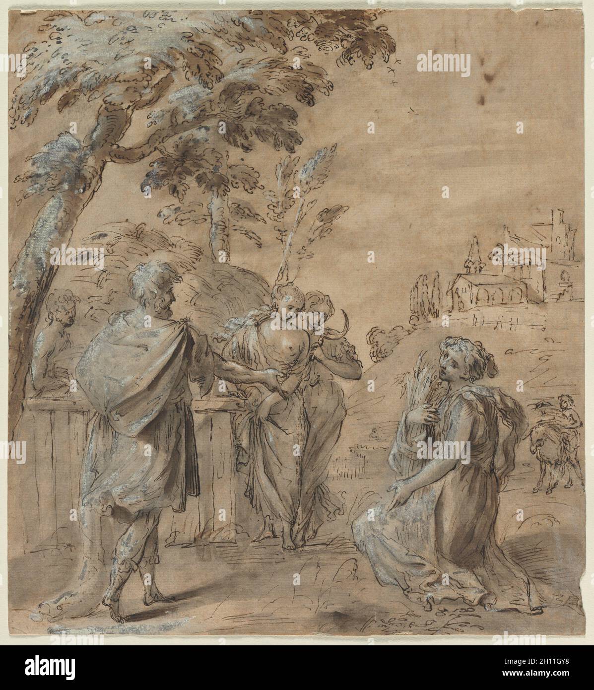 Ruth and Boaz (recto), 1600s. Italy, 17th century. Pen and brown ink ...