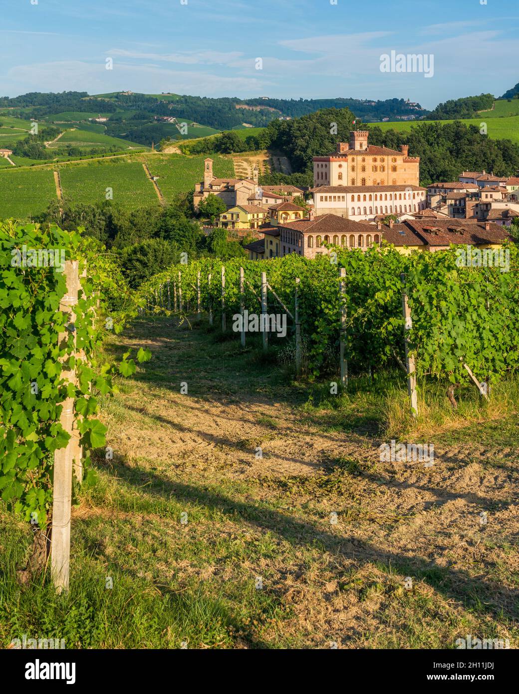 The beautiful village of Barolo and its vineyards on a summer afternoon ...