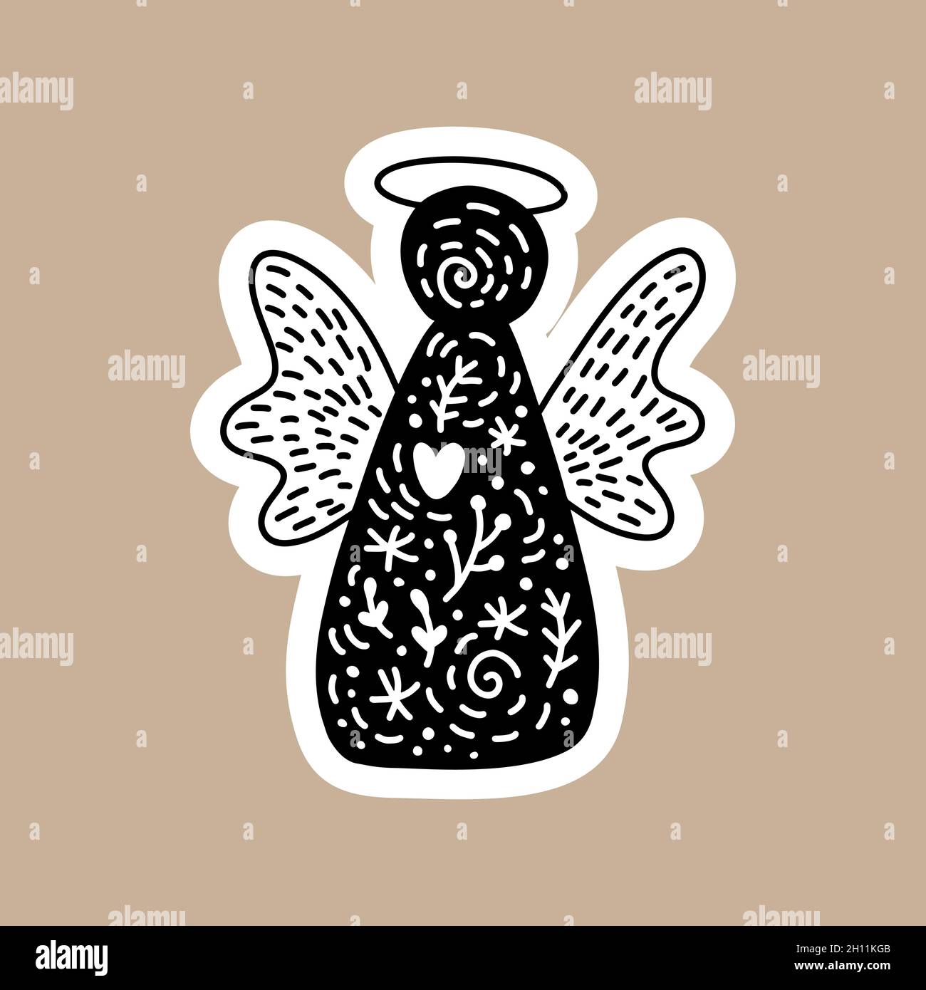 Christmas Black vector sticker with cute and funny xmas angel. Hand ...