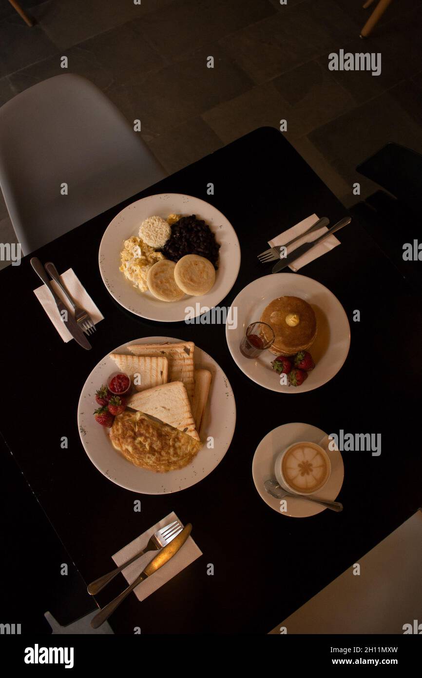 Overhead shot of an appetizing breakfast spread at a restaurant Stock ...