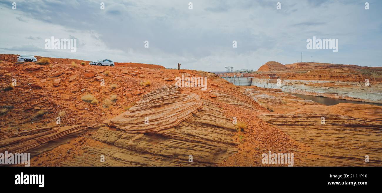 Lake Powell, Utah, USA - September 29, 2021 Red wavy sand stones ...