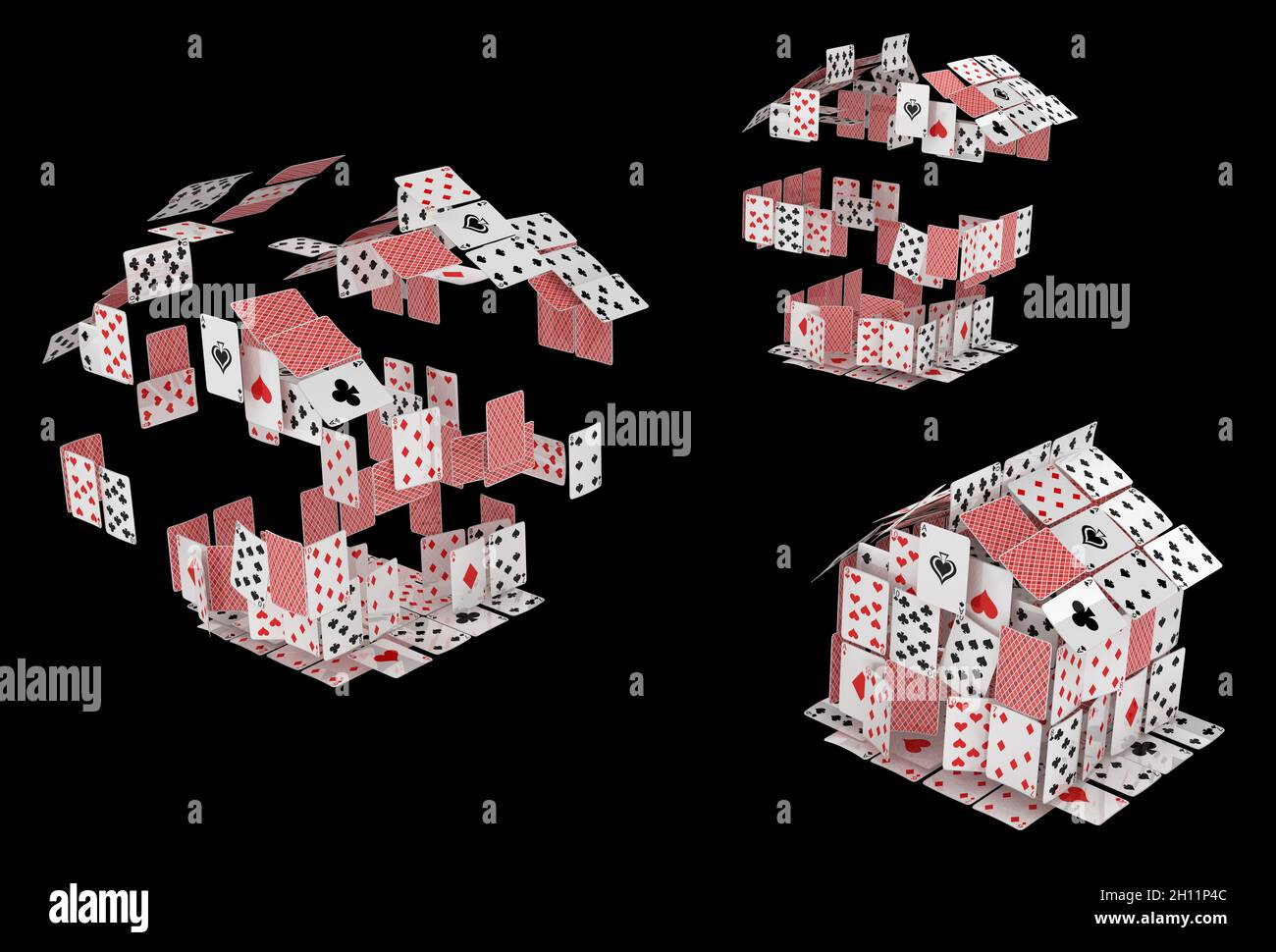 Cards house game gambling abstract exploding structure steps, 3d ...