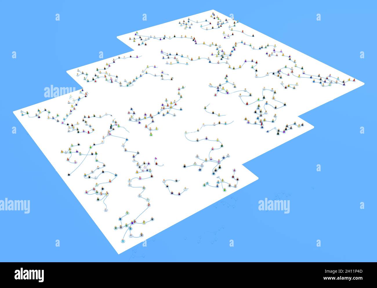 Crowd of small symbolic 3d figures system linked by blue lines, sparse ...