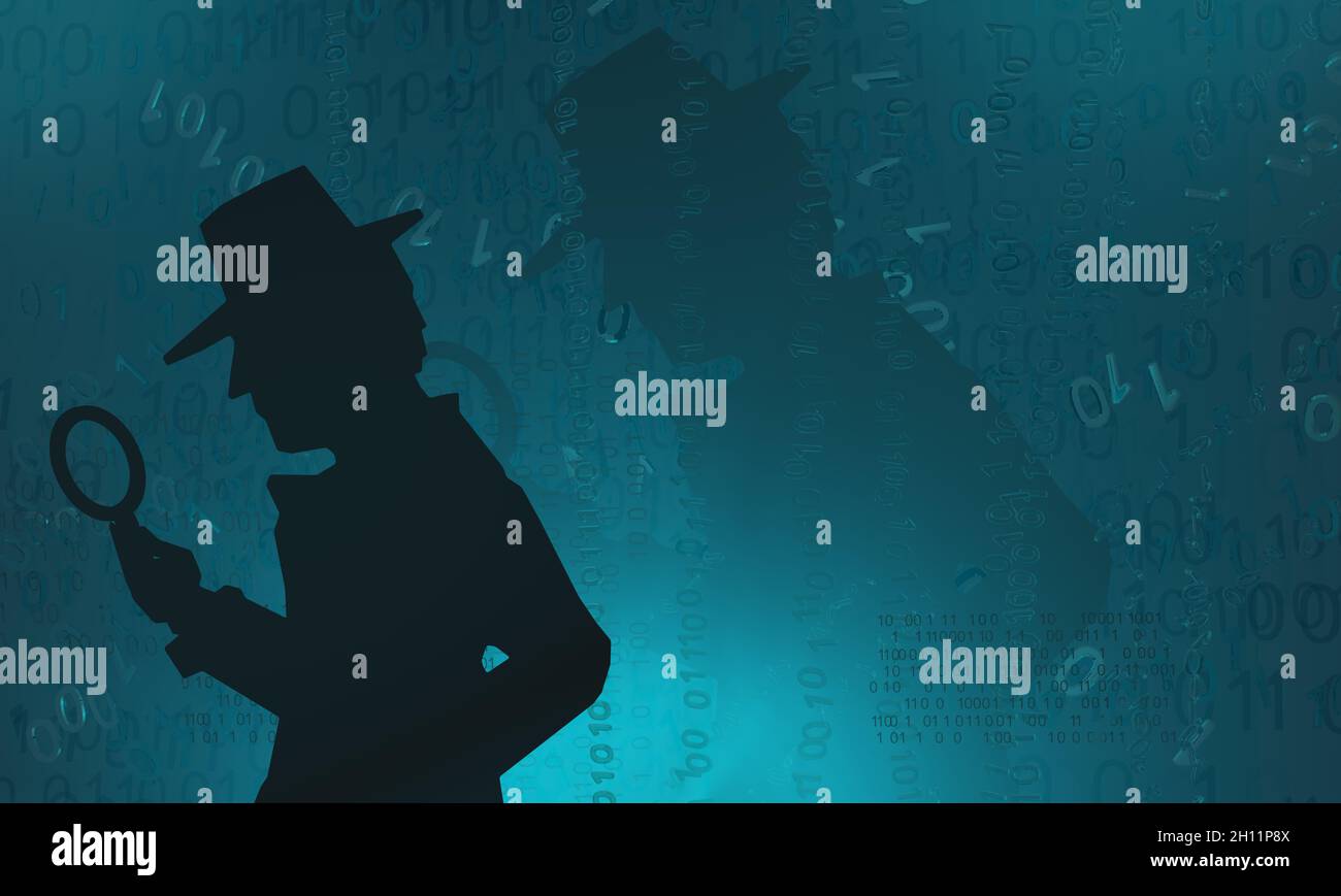 Cyberspace detective shadow figure with empty space behind back, blue ...
