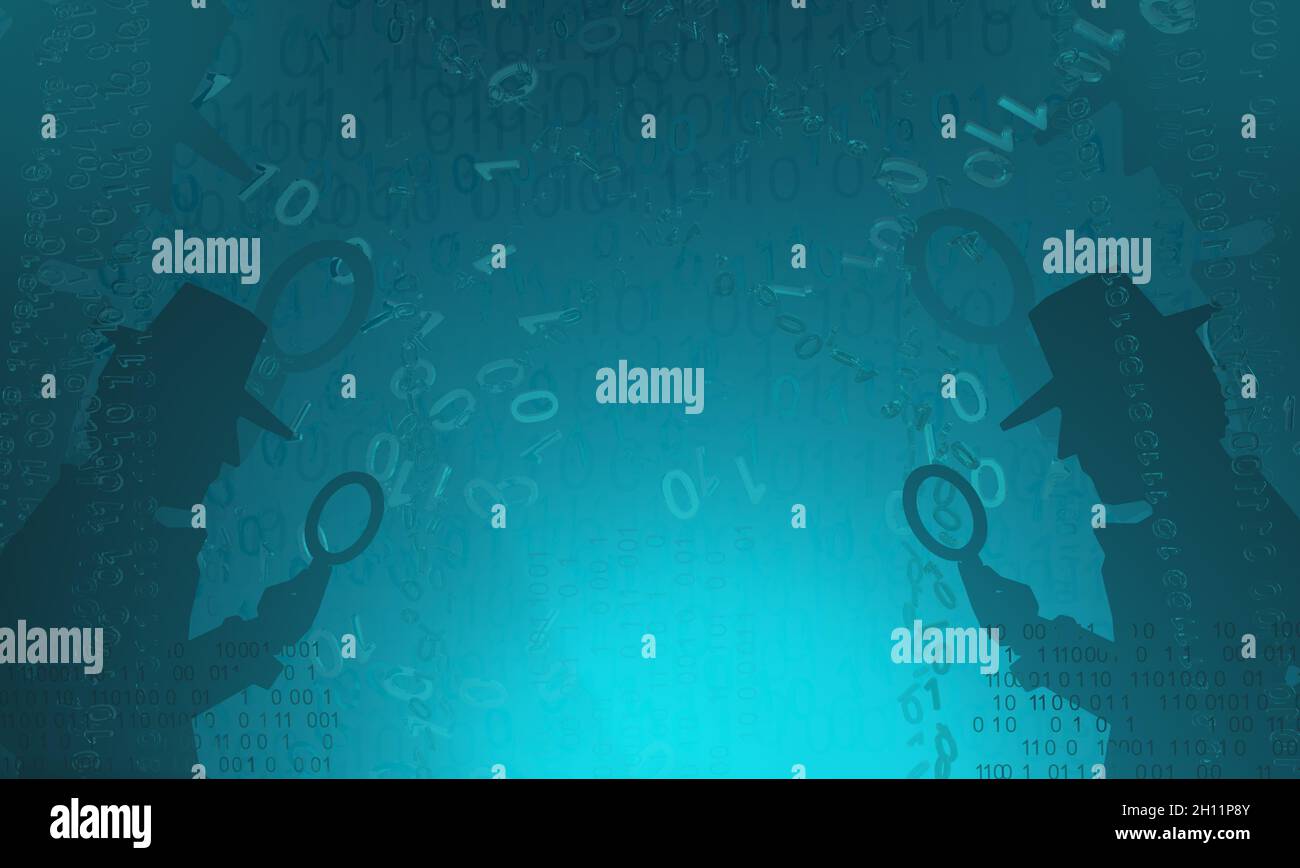 Cyberspace detective shadow figures with empty space between, blue ...