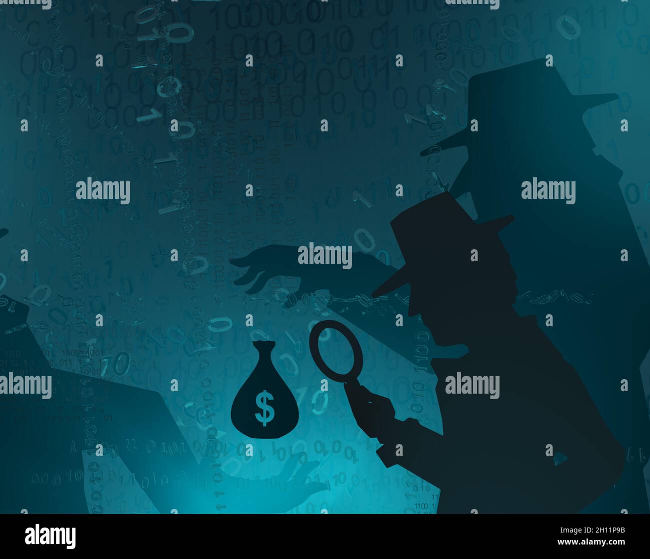 Cyberspace detective shadow figure scrutinizing bribe, blue color ...