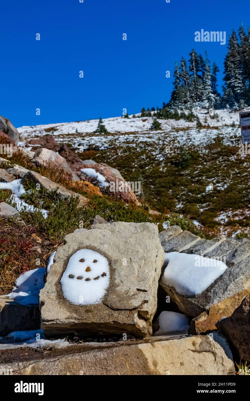 Snowman face along a trail in the Paradise area of Mount Rainier ...