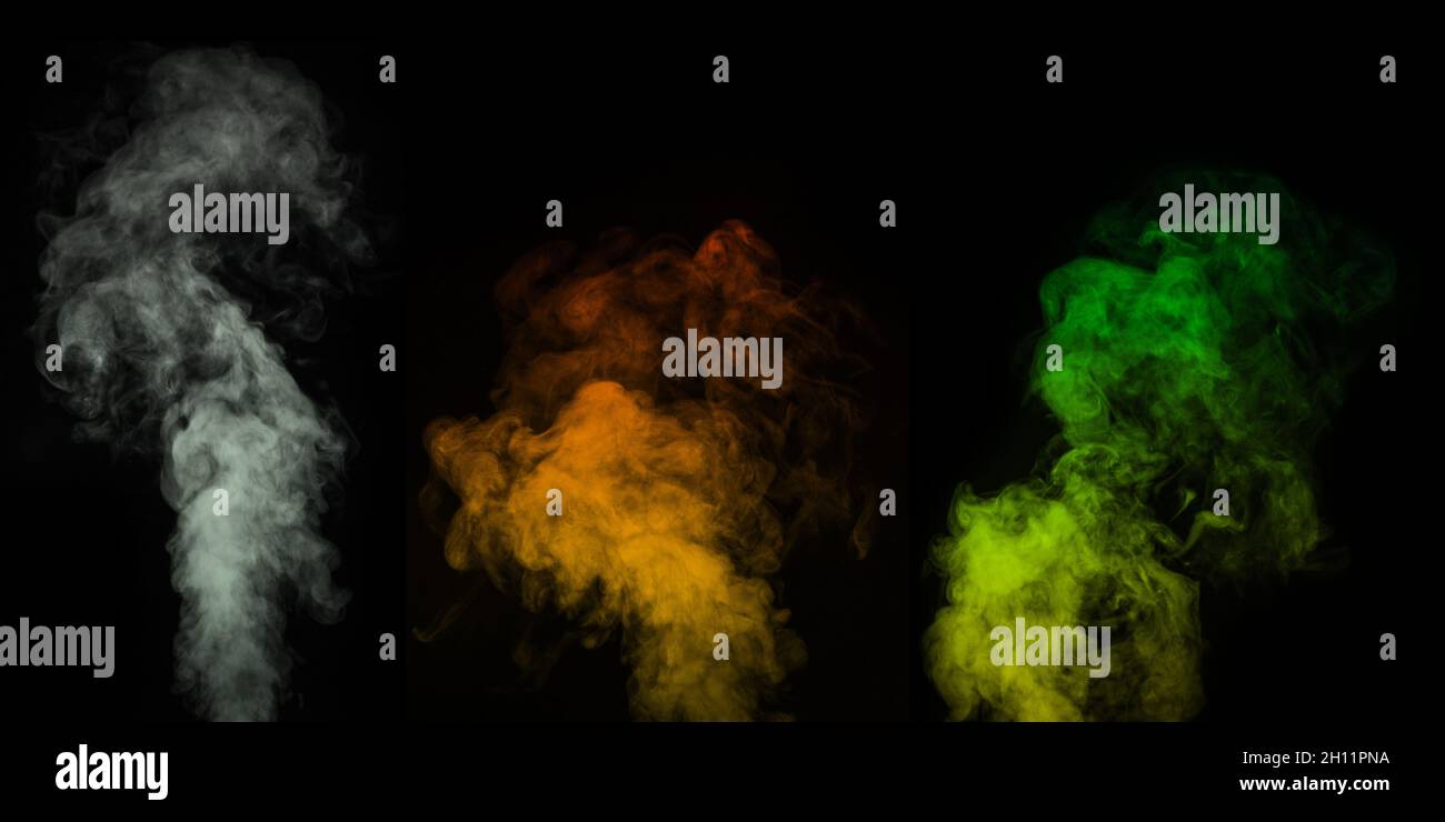 A set of multi-colored different vapors, smoke on a black background to ...