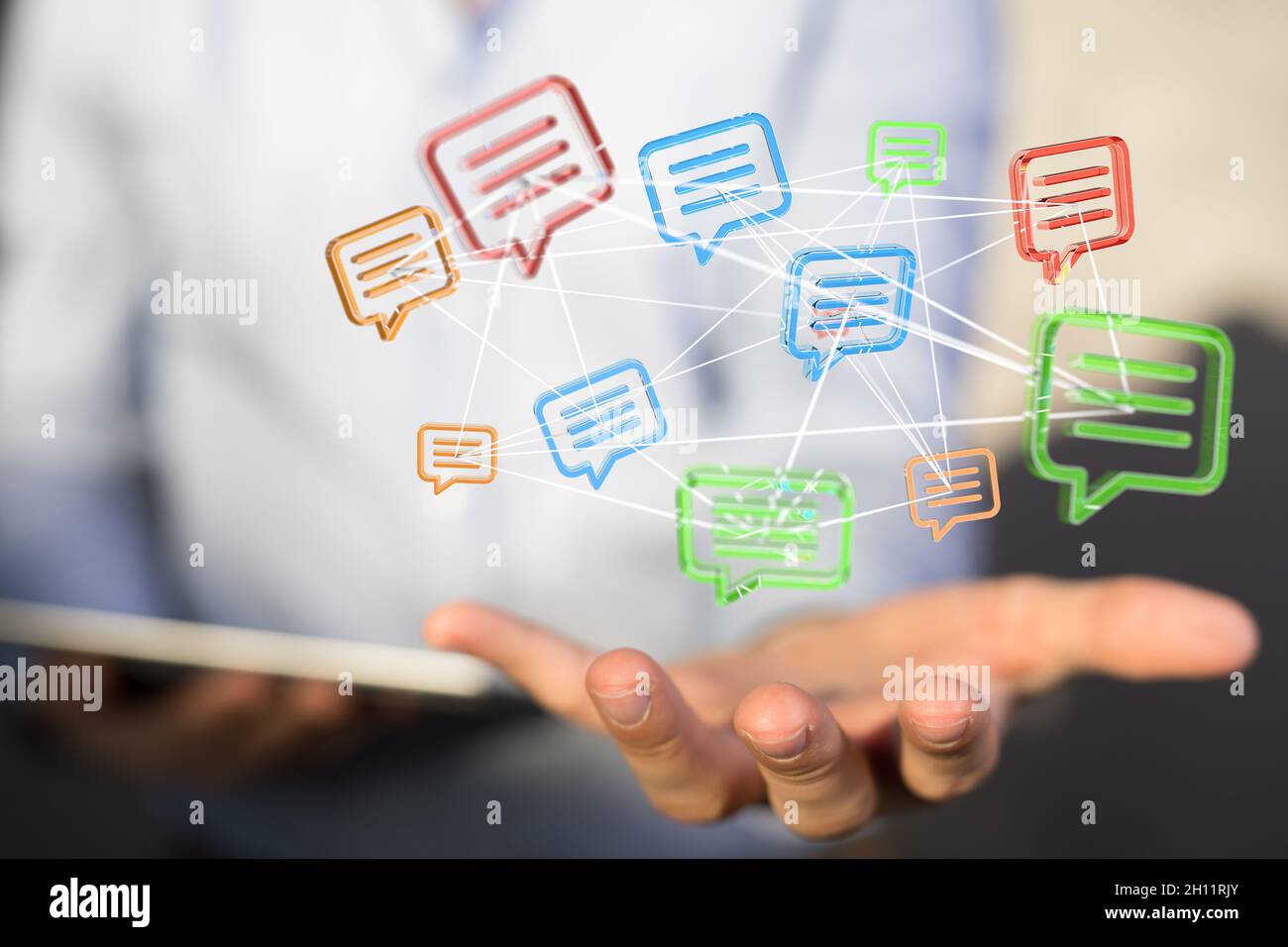 Human hand showing network communications with email symbols Stock ...