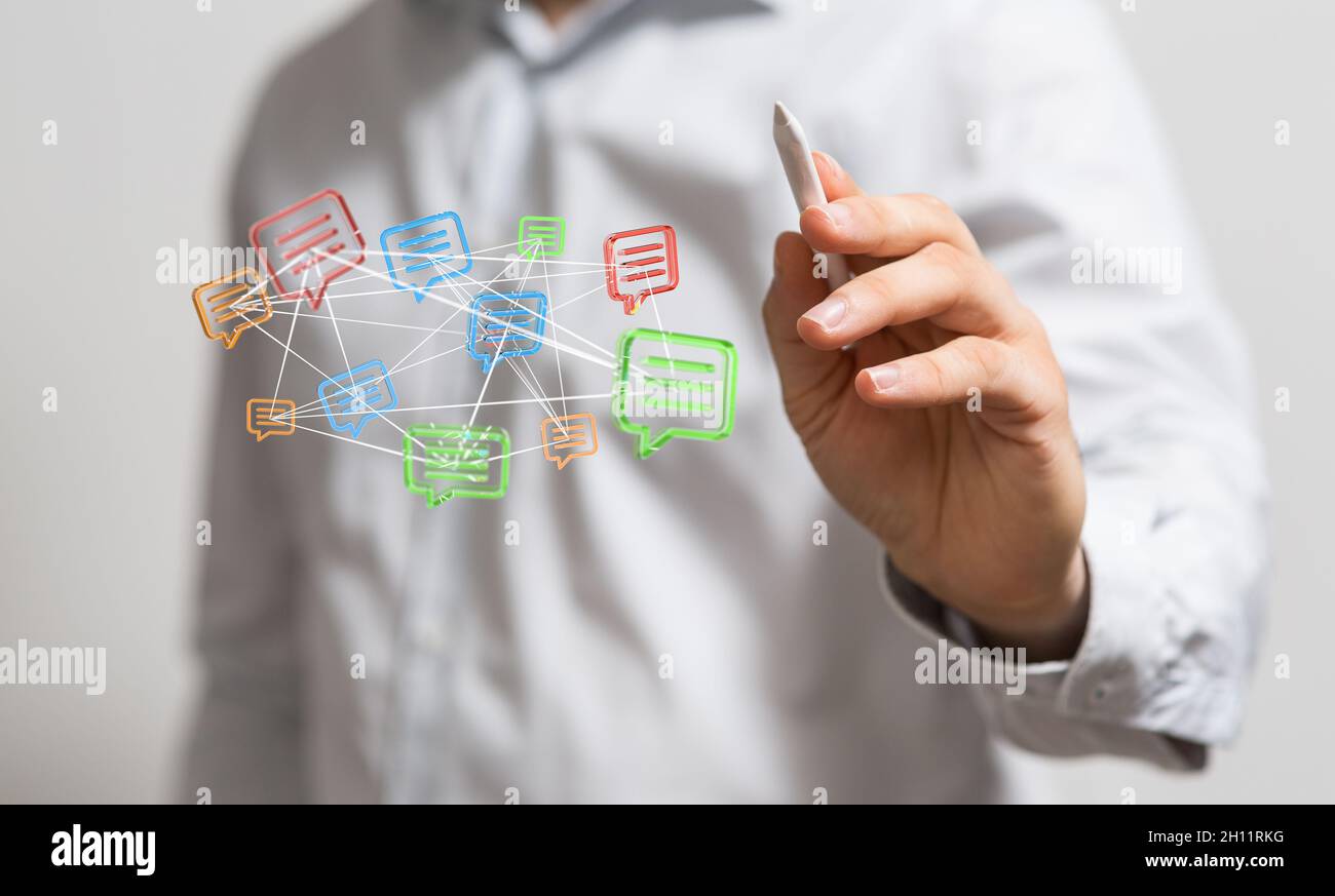 Human hand with the pen showing network communications with email ...
