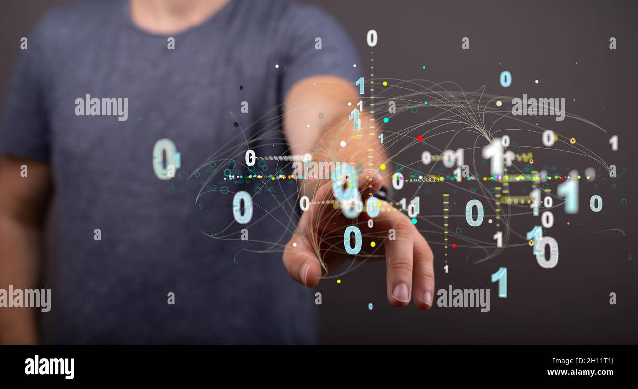 Illustration of binary codes and a human hand touching a transparent ...