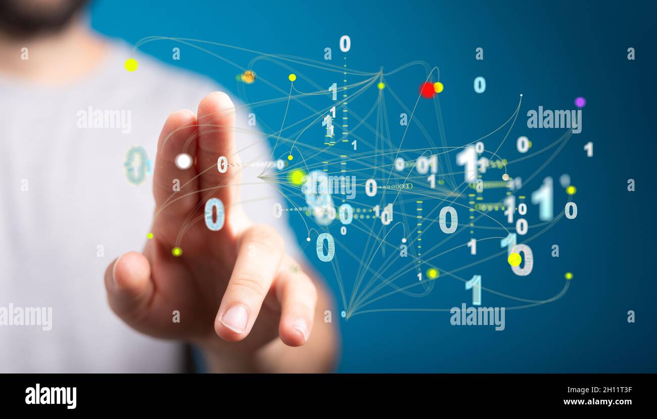Illustration of binary codes and a human hand touching a transparent ...