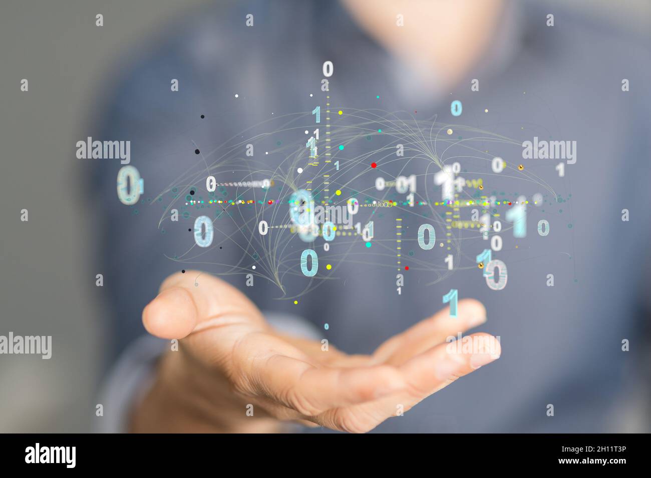 Illustration of binary codes and a human hand touching a transparent ...