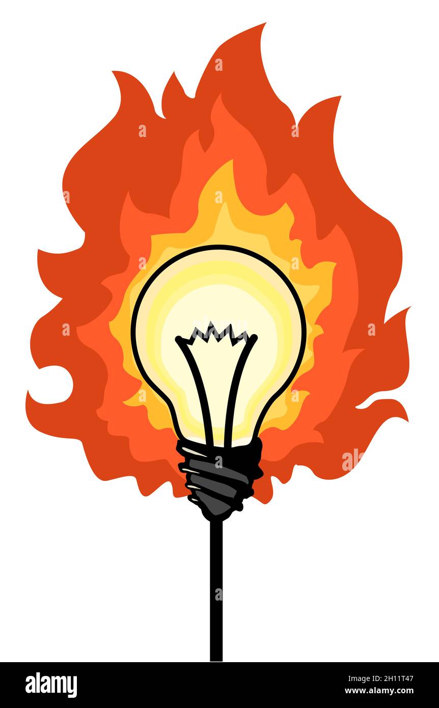 Light bulb fire cartoon color vector illustration, horizontal, over ...