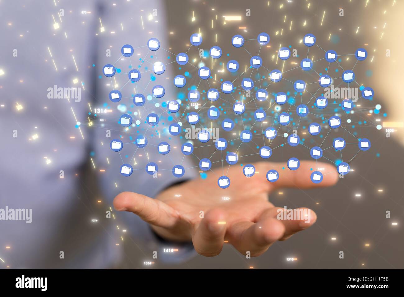Human hand showing network communications with email symbols Stock ...