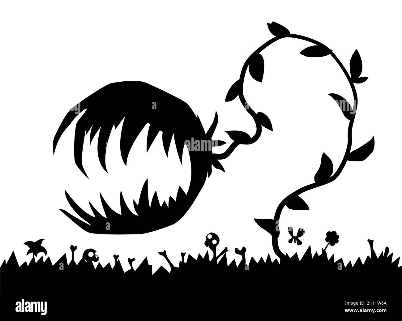 Evil predatory plant Halloween monster scene silhouette cartoon black ...
