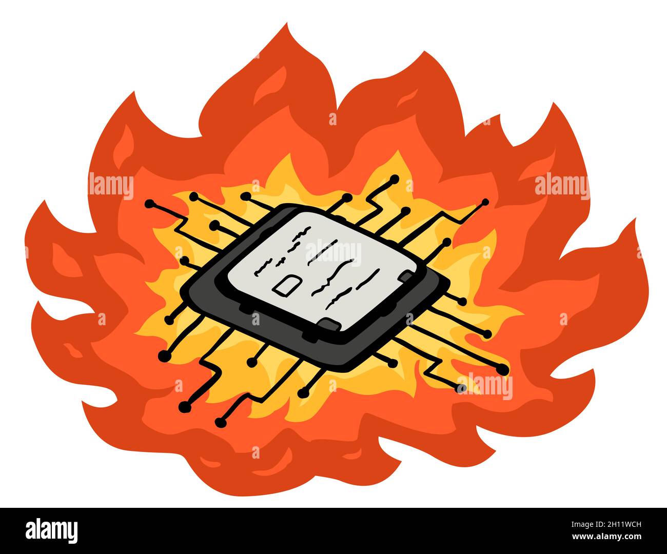 Computer microchip overheated burning cartoon color vector illustration ...