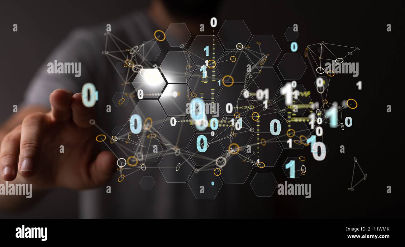 Illustration of binary codes and a human hand touching a transparent ...