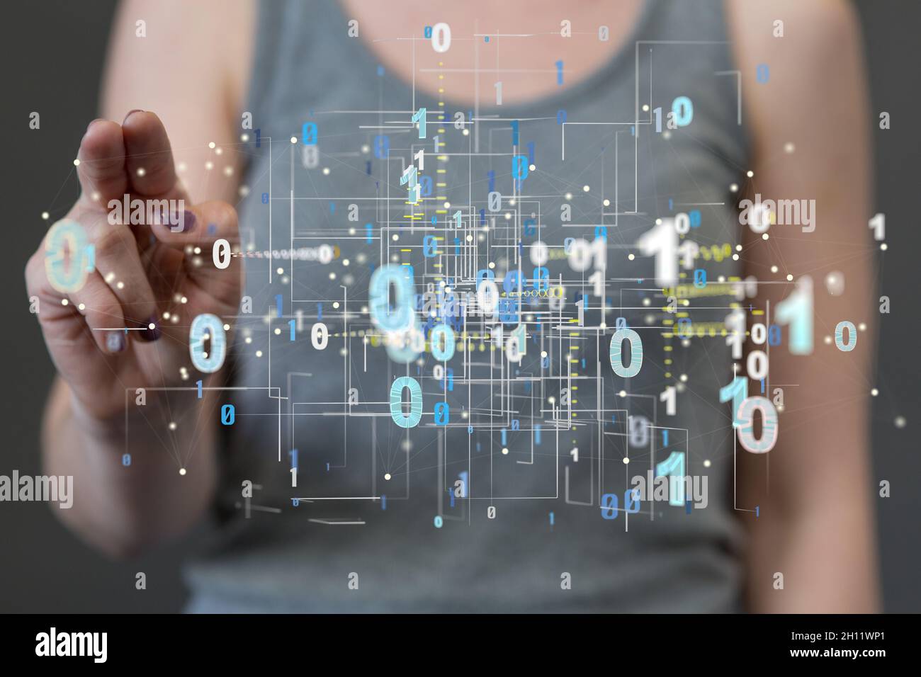Illustration of binary codes and a human hand touching a transparent ...
