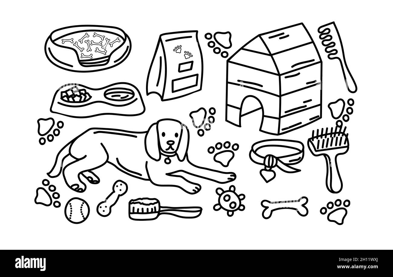 Hand drawn collection of dog theme: bone, food, kennel, toys. Set of ...