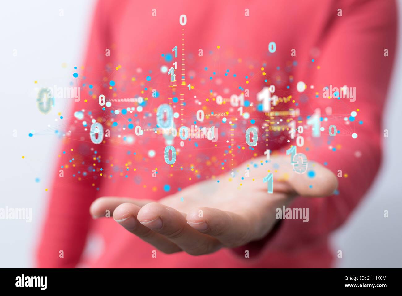 Illustration of binary codes and a human hand touching a transparent ...