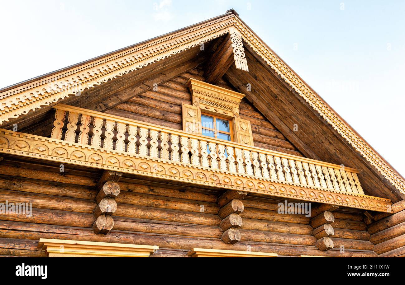 Russian traditional wooden architecture. Facade of new wooden house ...