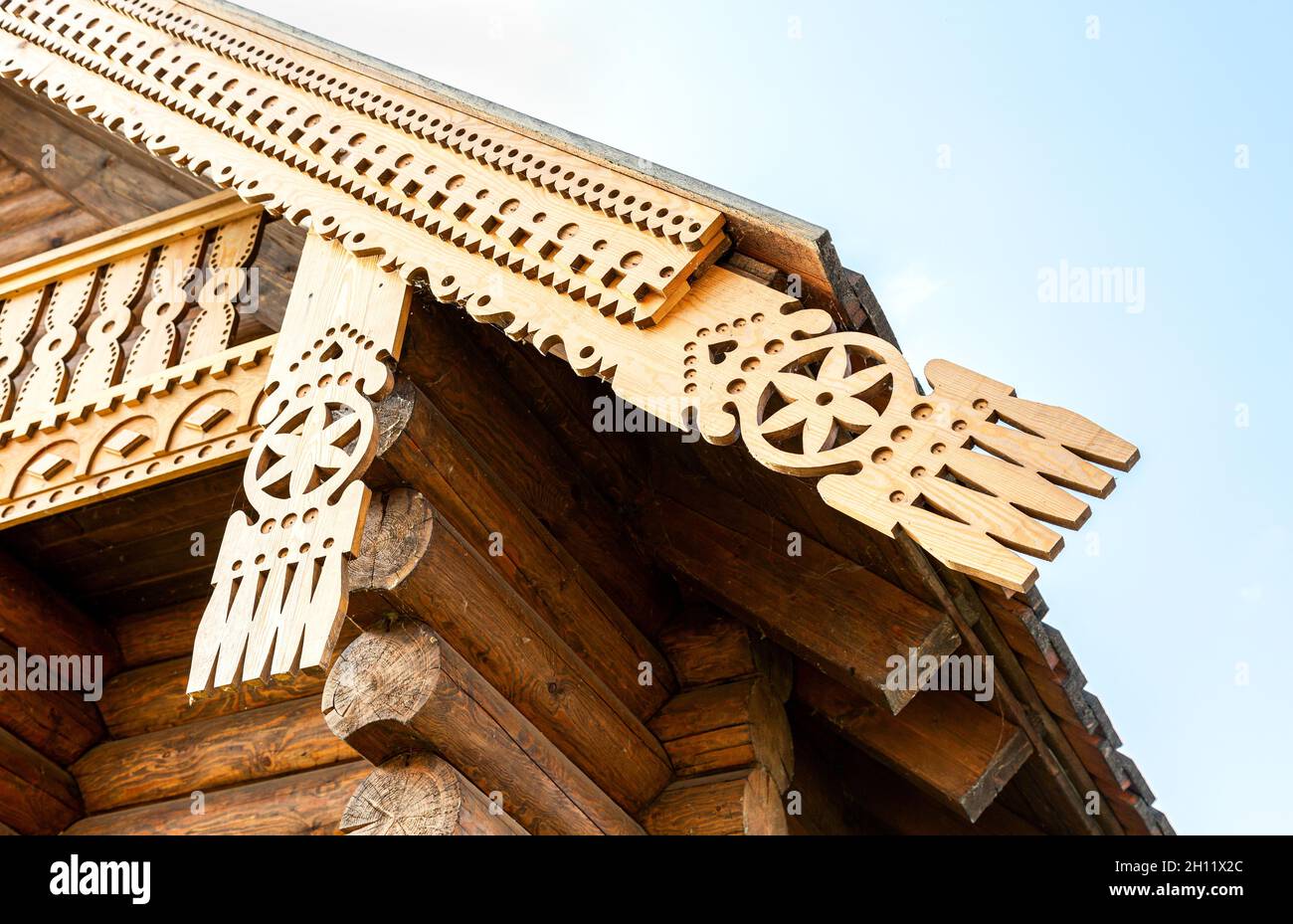 Wooden carved decorations on the roof of a traditional Russian house ...