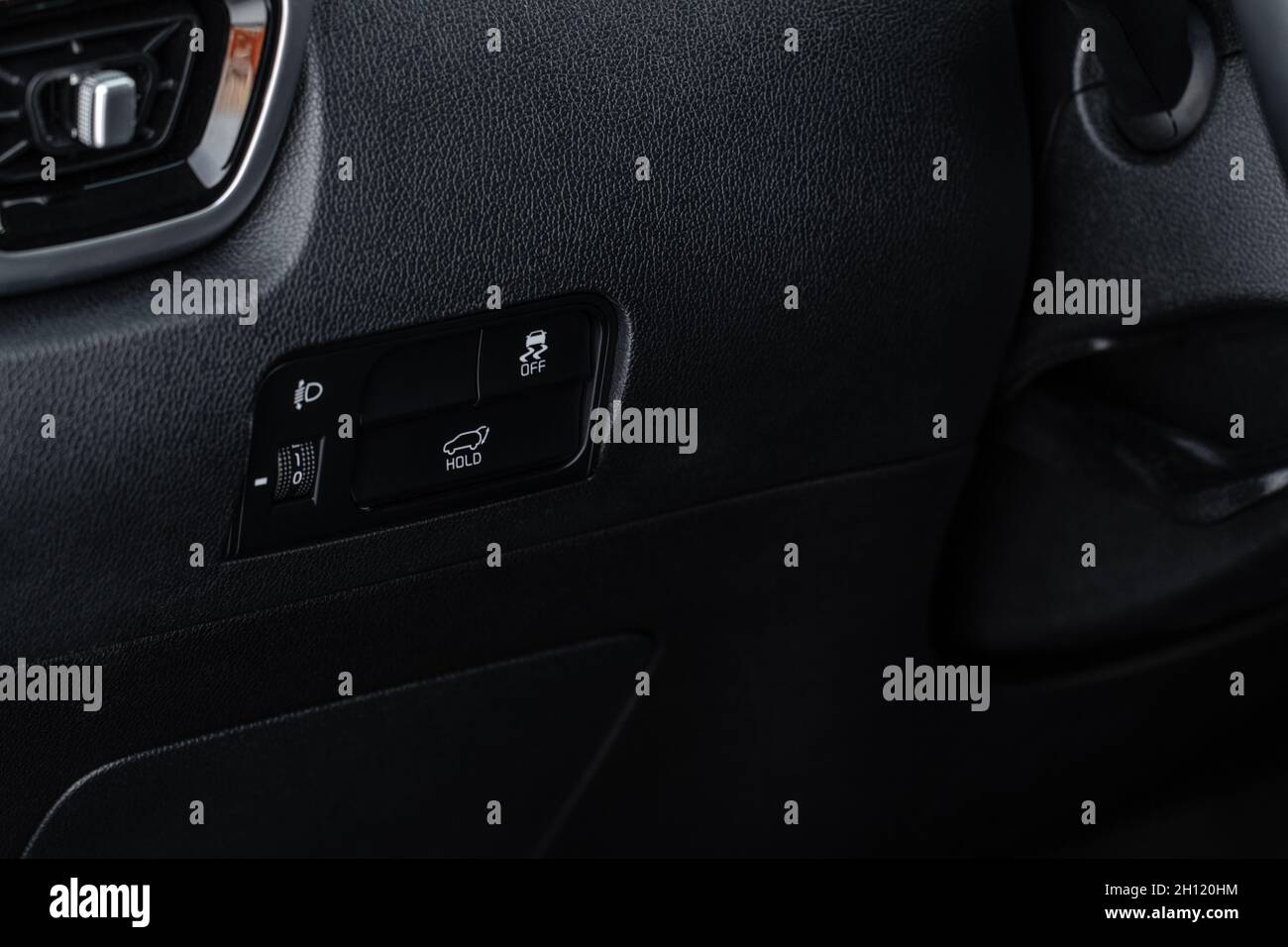 Trunk electric close and lock button close up view. Vehicle interior ...