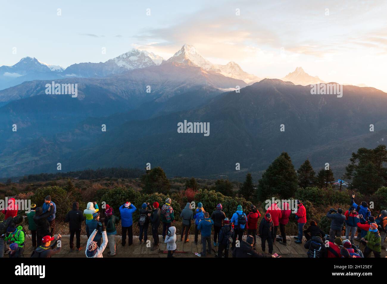 Ghorepani, Nepal - November 14, 2018: Tourists meeting the dawn on Poon ...