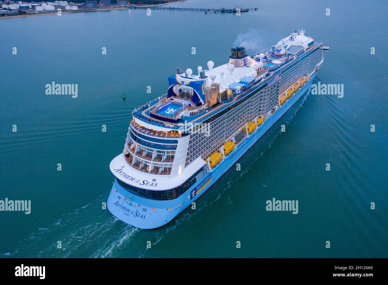 Aerial view of Anthem of the Seas Royal Caribbean cruise ship leaving ...