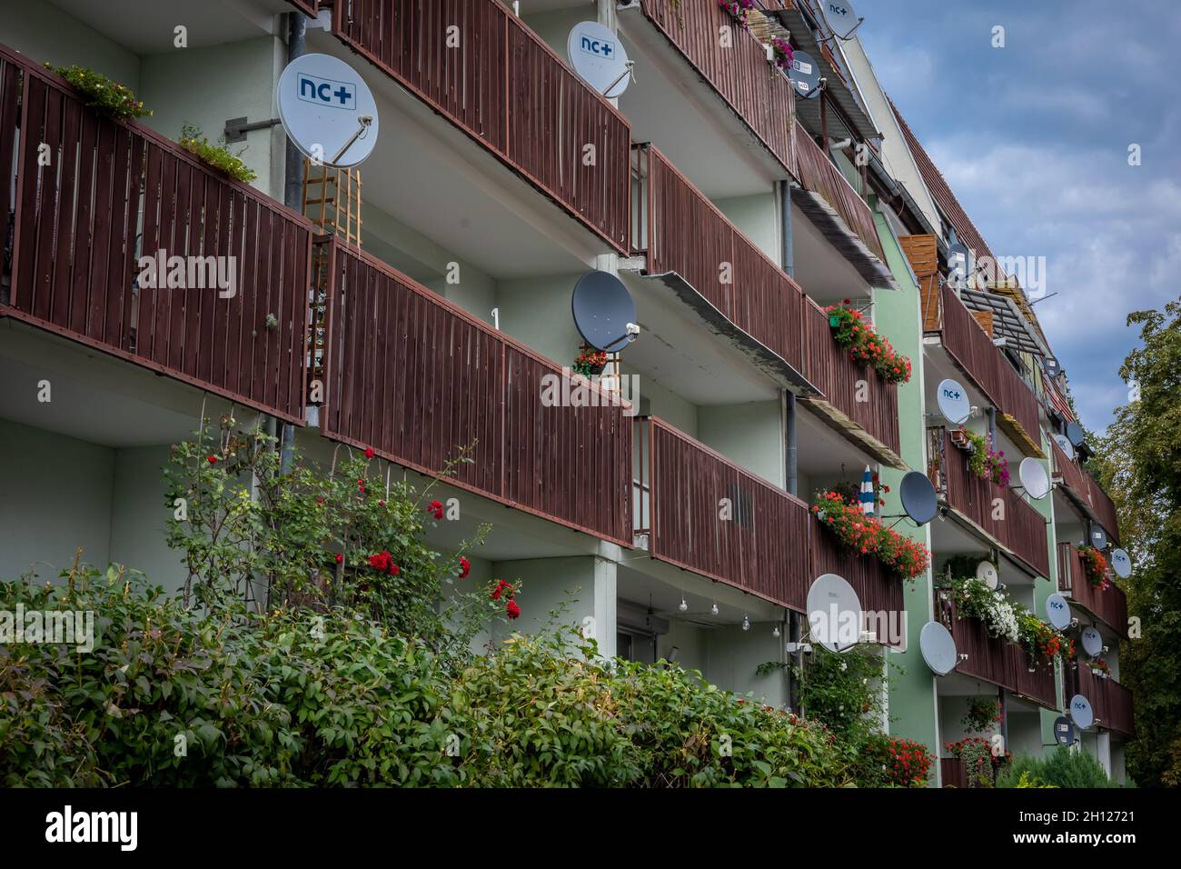 Trzebnica, Poland - August 29, 2021: A block of flats with balconies ...