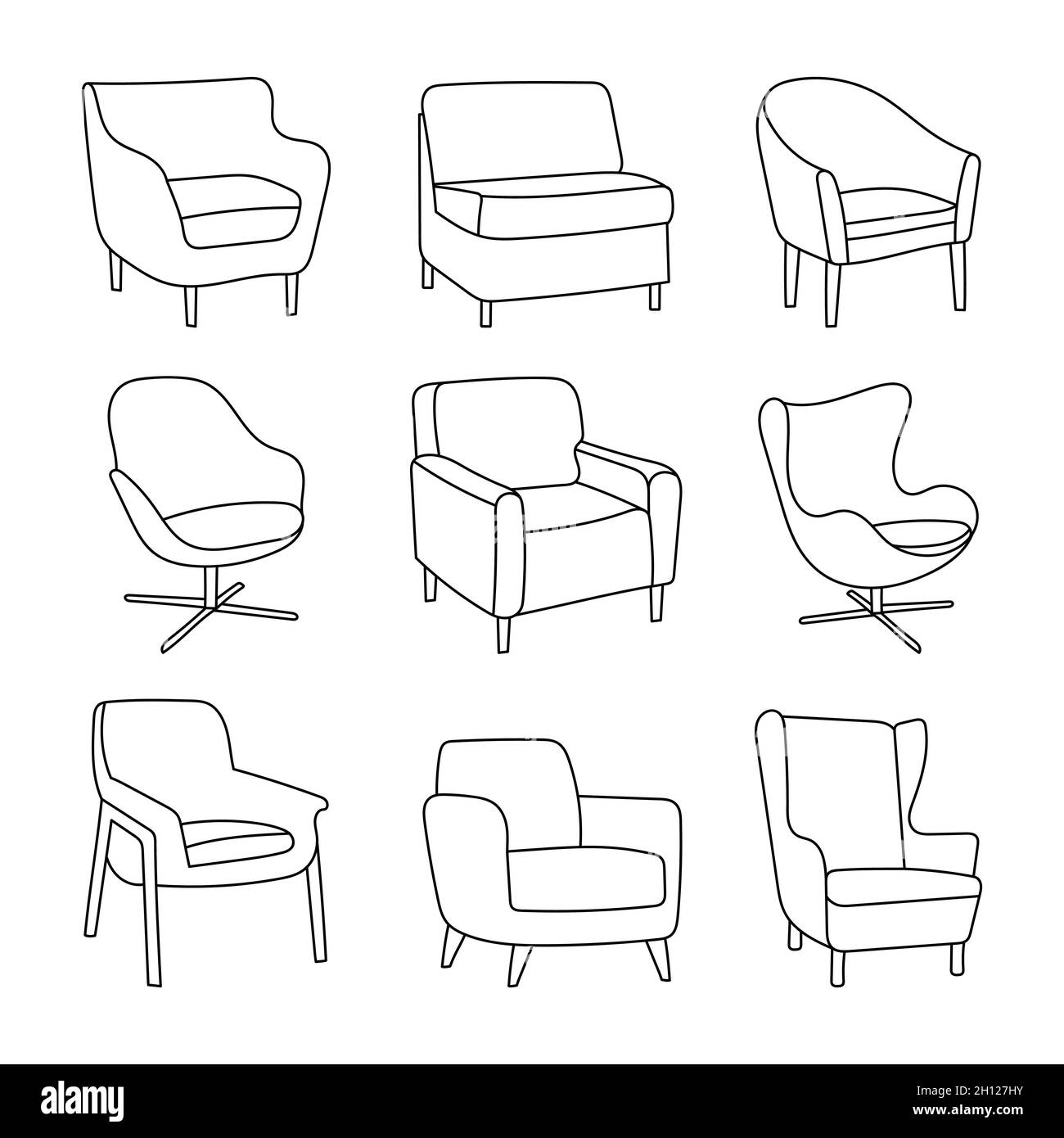 Hand-drawn chair set - different types of chairs on white. Icons in ...