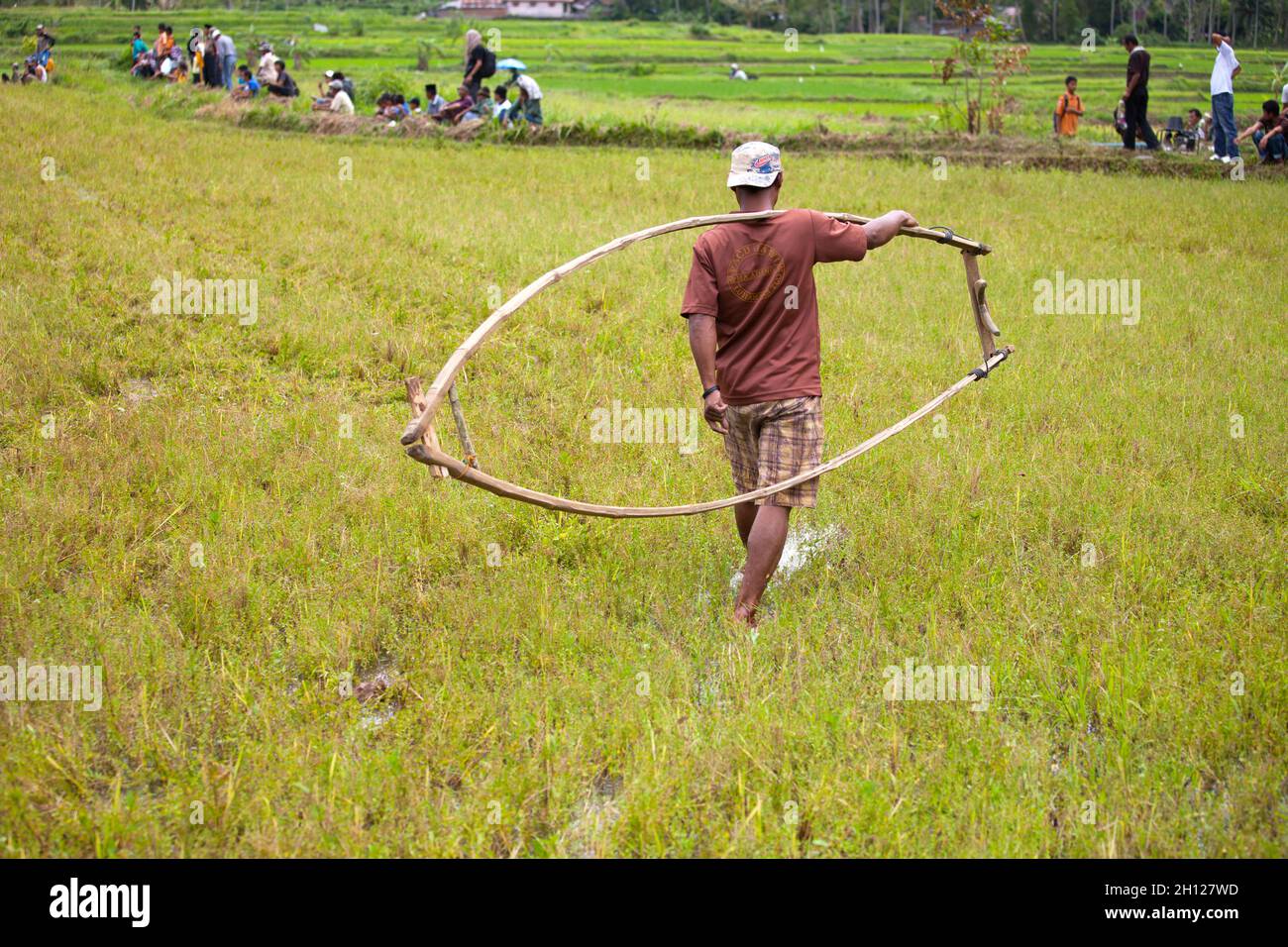 A man carrying a yoke at the Pacu Jawi bull racing event that takes ...