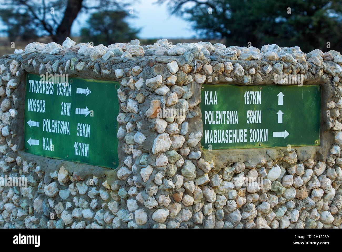 Signs showing distances between important places on the Kgalagadi ...