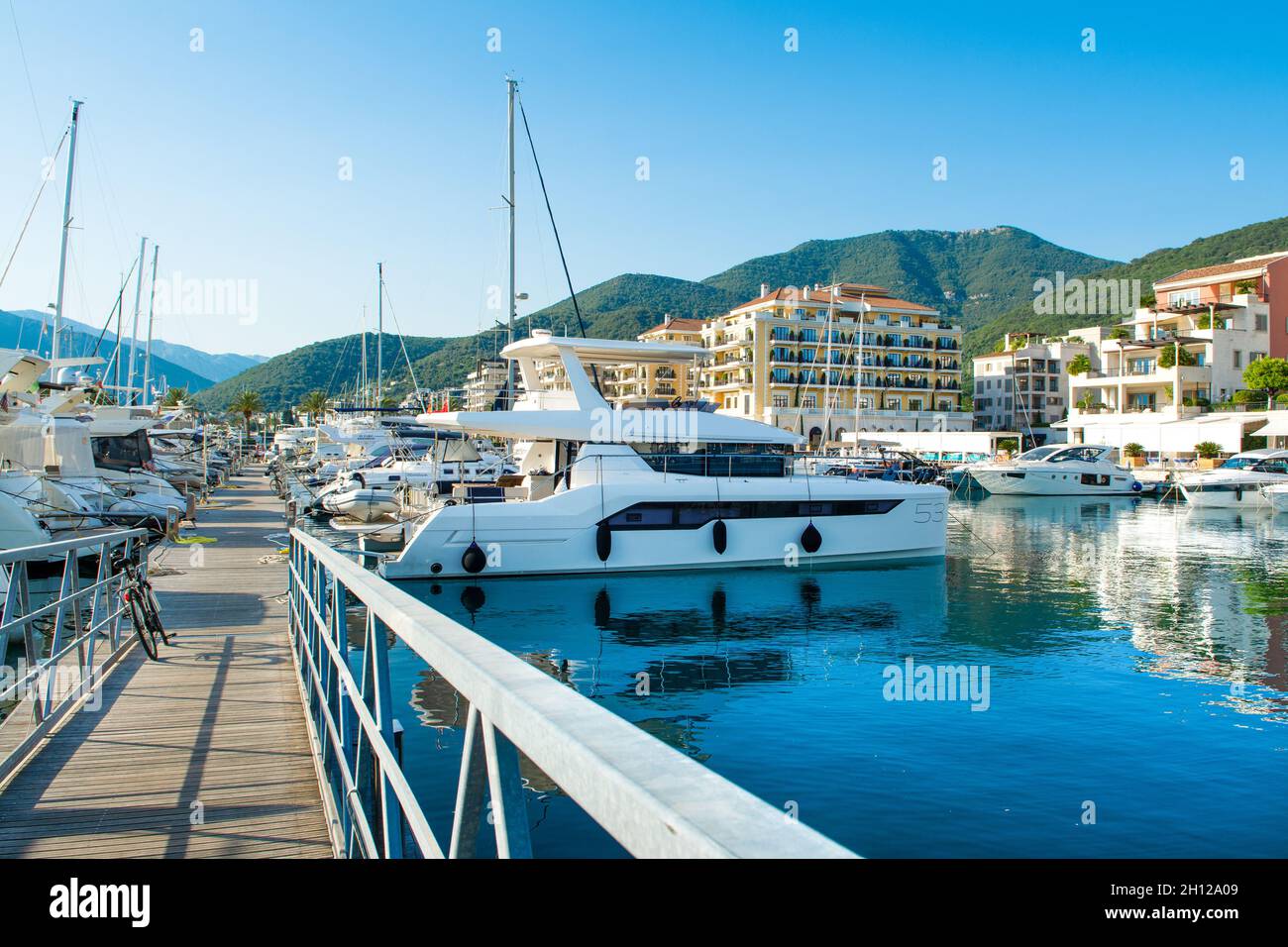 Tivat, Montenegro - June 28, 2021: Sunset view of the yacht marina in ...