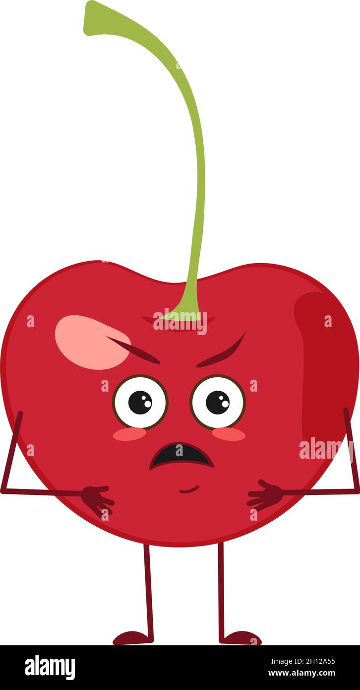 Cute cherry character with angry emotions, face, arms and legs. The ...