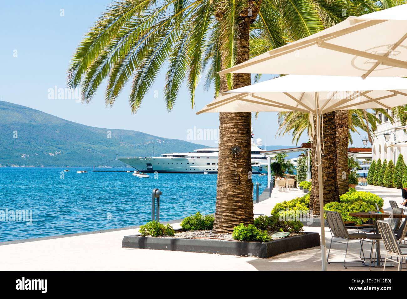 Sunset view of the yacht marina in Porto Montenegro with waterfront ...