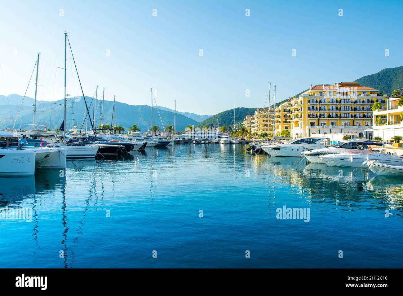 Tivat, Montenegro - June 28, 2021: Sunset view of the yacht marina in ...