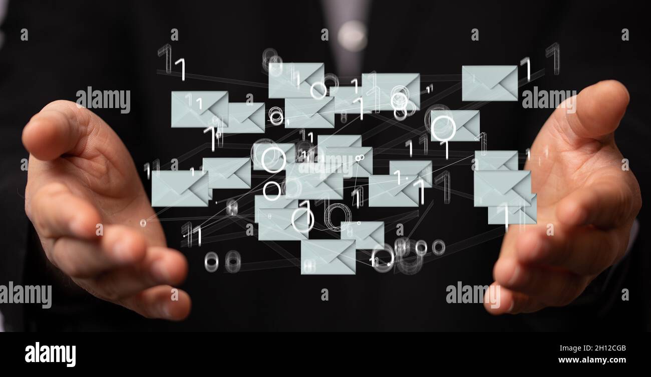 3D render of an email symbol and Network Communications with a blurry ...
