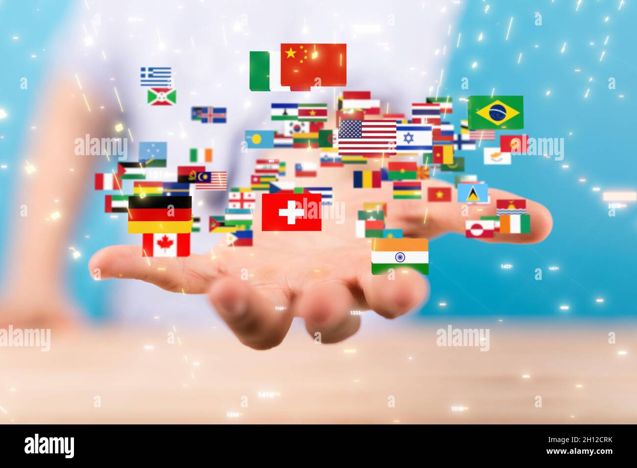 Close up of the 3d rendering world countries flags in a young man's ...