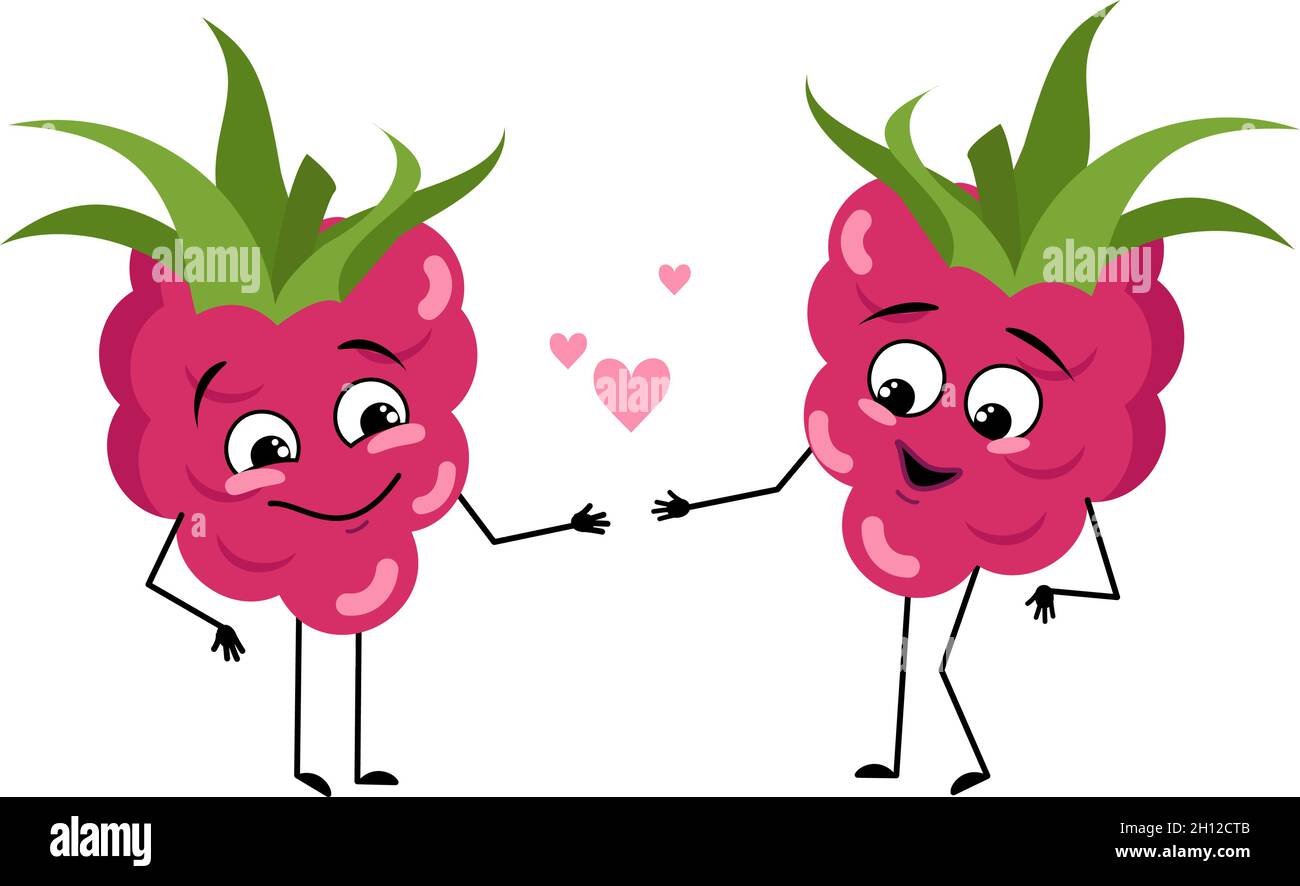Cute raspberry characters with love emotions, smile face, arms and legs ...