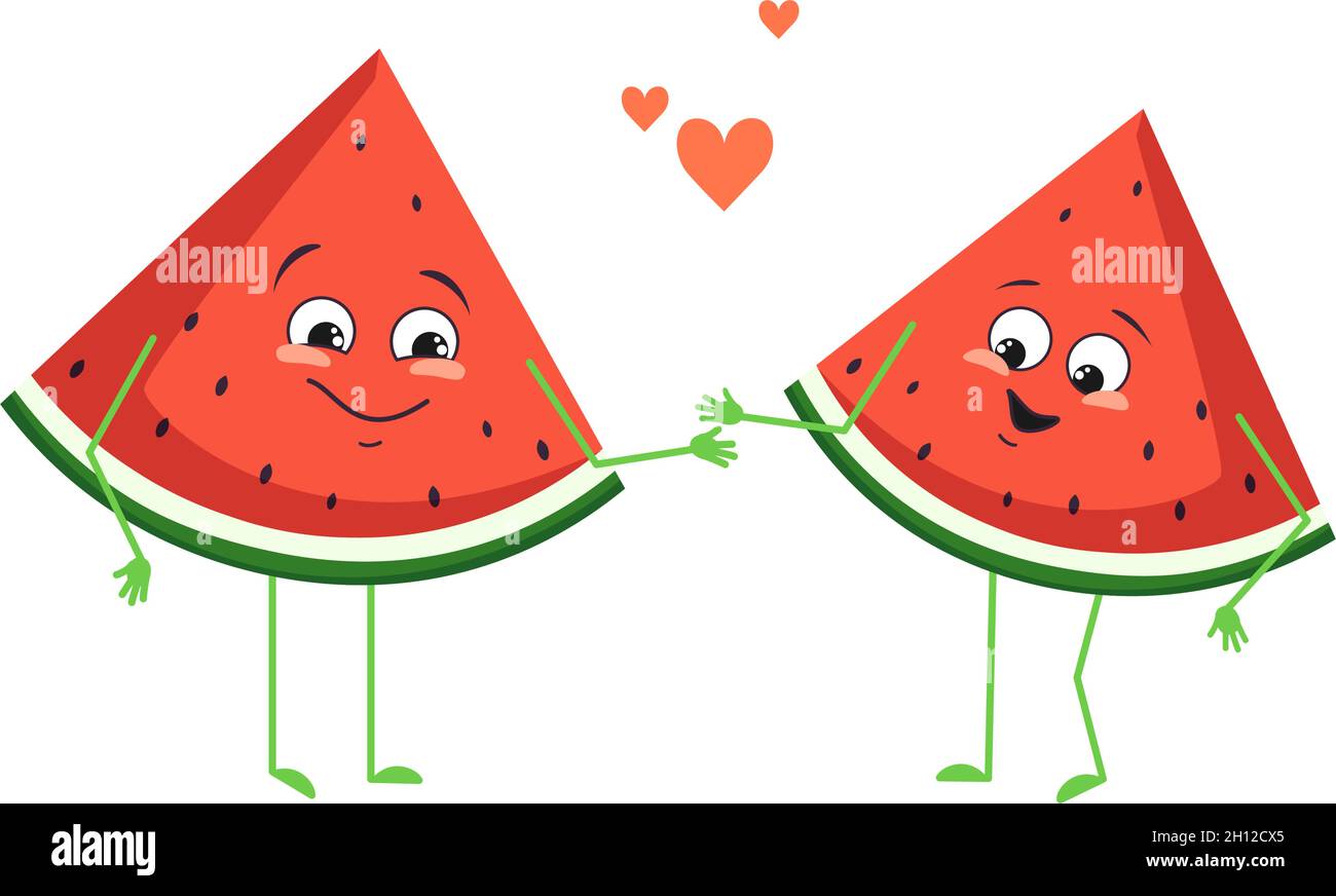 Cute watermelon characters with love emotions, face, arms and legs. The ...